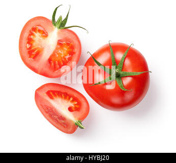 Fresh red tomatoes with a half slice on a wooden tray isolated on white ...