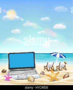Travel and technology computer with beach on screen vector illustration ...