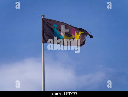 A Flag bearing the ITV logo flies above ITV Plc Television Studios in ...