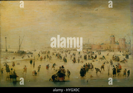 A painting by Hendrick Avercamp, depicting people ice skating on the ...
