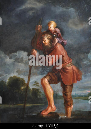 A representation of Saint Christopher carrying the Christ Child across ...