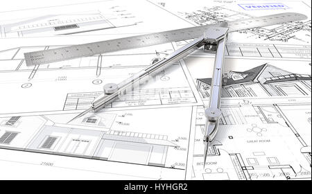 Architectural house blueprints , drawings and sketches. Rolls, Ruler ...