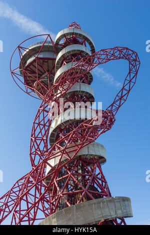 The ArcelorMittal Orbit , red tubular spiralling steel structure with ...