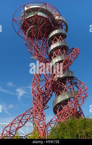 The ArcelorMittal Orbit , red tubular spiralling steel structure with ...