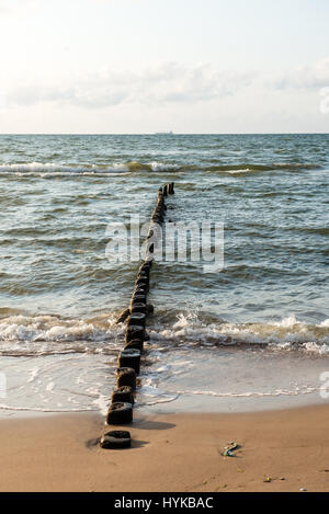 Breakwater of one row of wooden poles at the Sea coast Stock Photo - Alamy
