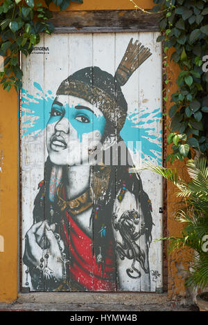 graffiti mural of an indigenous person in Cuenca, Ecuador, South ...