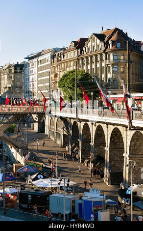 Le Flon district and Grand pont bridge with Bel Air Tower in Lausanne ...