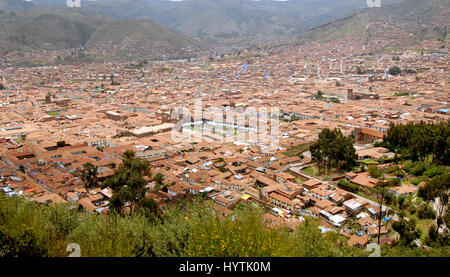Aerial view of Cusco cityscape skyline with Plaza de Armas from hill ...