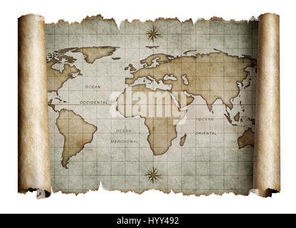 Vintage world map scroll isolated on white. Based on image furnished ...