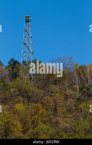 High fire watchtower in the forest. Photo taken on a cloudy day with ...
