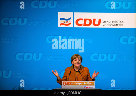 Grimmen, Germany. 08th Apr, 2017. German Chancellor Angela Merkel (C ...