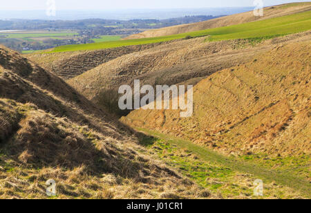 Steep chalk scarp slope and terracettes Vale of Pewsey looking east ...