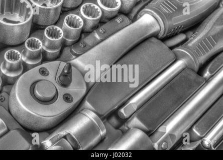 Mechanical bit tool set in black and white closeup Stock Photo - Alamy