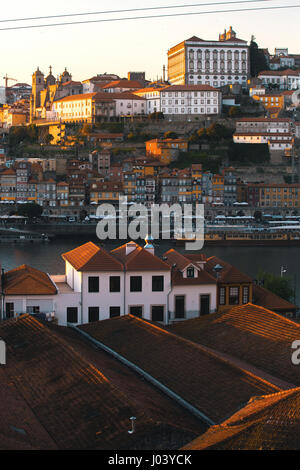 A bird's eye view of the Douro river flowing through Porto, Portugal at ...