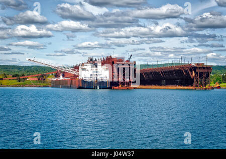 on a Laker Ship on the Great Lakes at night engine room view of main ...