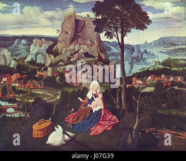 Joachim Patinir’s *Landscape with the Flight into Egypt* depicts the biblical story of Mary ...