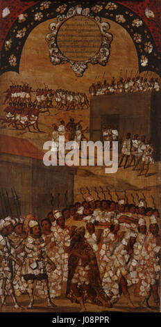 Miguel Gonzales’s 'La Conquista de México. Tabla XXII' depicts a key ...