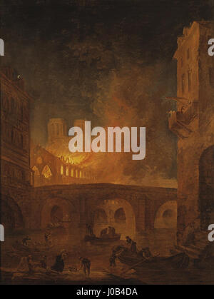 A dramatic oil painting depicting a fire in ancient Rome. The artwork ...