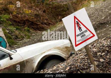 A view of a spectator safety sign on a British Motorsport forest rally ...