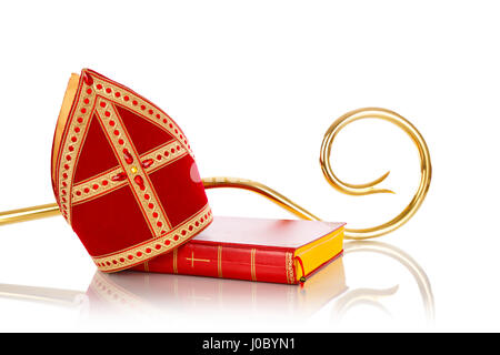 Mitre or miter book and staff of saint nicholas. Isolated on white ...