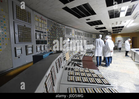 Cernobyl, Ukraine. 10th Apr, 2017. A reactor's two control panel at the ...