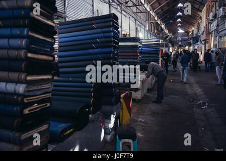 Bolts of fabrics for sale on the Grand Bazaar in Tehran city, capital ...