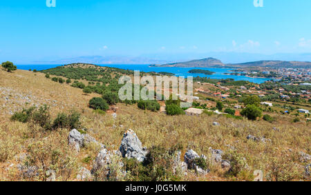 Summer top view of Ksamil town, Albania. Four shots stitch high ...
