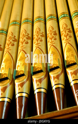 Church pipe organ instrument made of metal and wood, in Catholic church ...