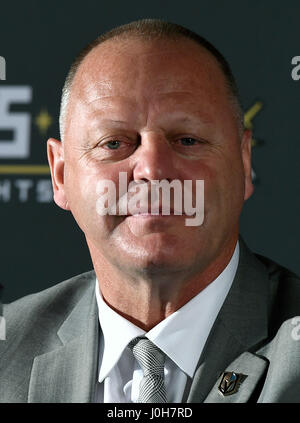 Vegas Golden Knights head coach Bruce Cassidy, standing, reacts from ...