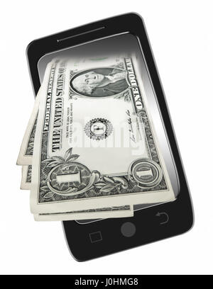 Mobile phone with dollar bills coming out concept on wooden table in ...