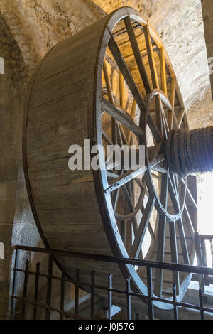 Medieval treadwheel crane, abbey of Mont Saint Michel, Normandy, France ...