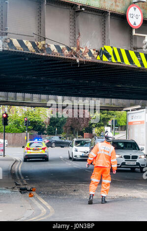 Shortlands, South London, UK. 14th Apr, 2017. A skip lorry hit the low ...