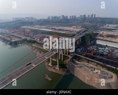 Chongqing, China. 7th Apr, 2017. Aerial photo shows a view of Guoyuan port on the Yangtze River ...