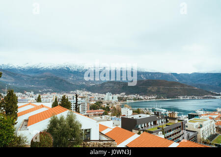 Snow-covered mountains of Budva in Montenegro, Adriatic sea Stock Photo ...