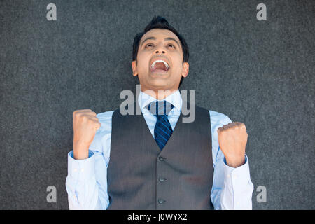 Closeup portrait, handsome excited, energetic, happy, smiling boss man ...