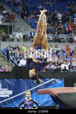 St. 15th Apr, 2017. LSU's Ashleigh Gnat completes her floor routine at ...