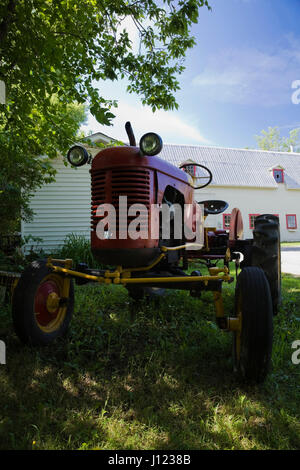 A vintage yellow and red tractor is parked near the meadows and flower ...
