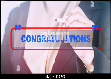 Hand and text "CONGRATULATIONS" with vintage background. Technology ...