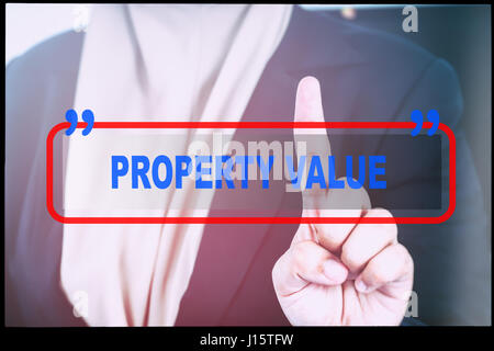 Hand and text "PROPERTY VALUE" with vintage background. Technology ...