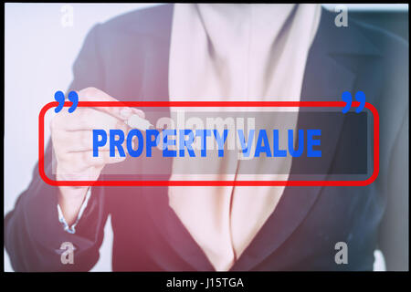 Hand and text "PROPERTY VALUE" with vintage background. Technology ...