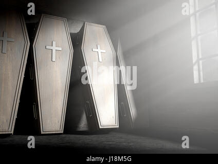A row of upright wooden coffins against a wall in a dilapidated room ...