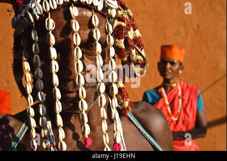 Dancers from the Bison Horn Maria tribe ( India). They are dressed to ...