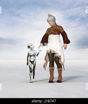Older woman walking with female girl cyborg Stock Photo - Alamy