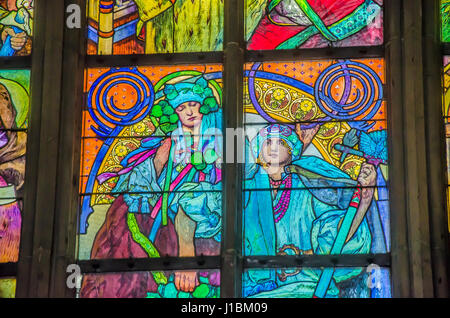 Part of stained glass window by Alphonse Mucha in St Vitus Cathedral ...