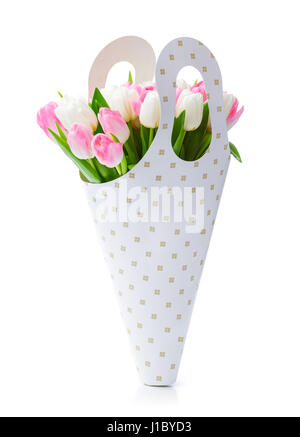 Pink tulips in pink paper bag. Copy space. Mothers Day, Birthday ...