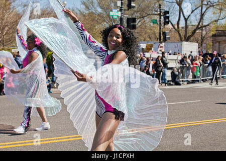 African-American high school cheerleaders performing in parade Stock ...