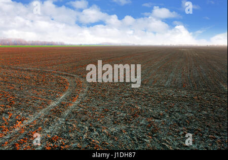 Landscape with plowed field at sunrise Stock Photo - Alamy