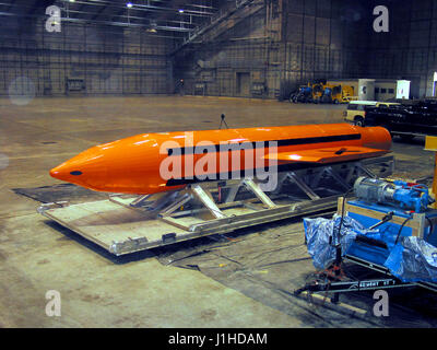 A U.S. Air Force Massive Ordnance Air Blast (MOAB) bomb sits on the ...