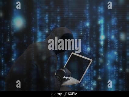 Digital composite of Black jumper hacker with out face sit with the ...