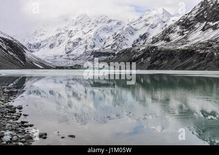 The reflection of Mount Cook on a cloudy day in the Aoraki/Mount Cook ...